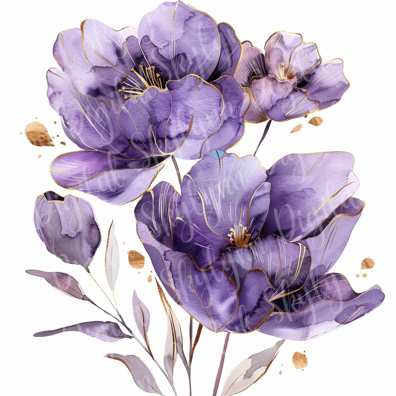 8 Purple and Gold Watercolor Flowers Clipart, Printable, Perfect for or ...