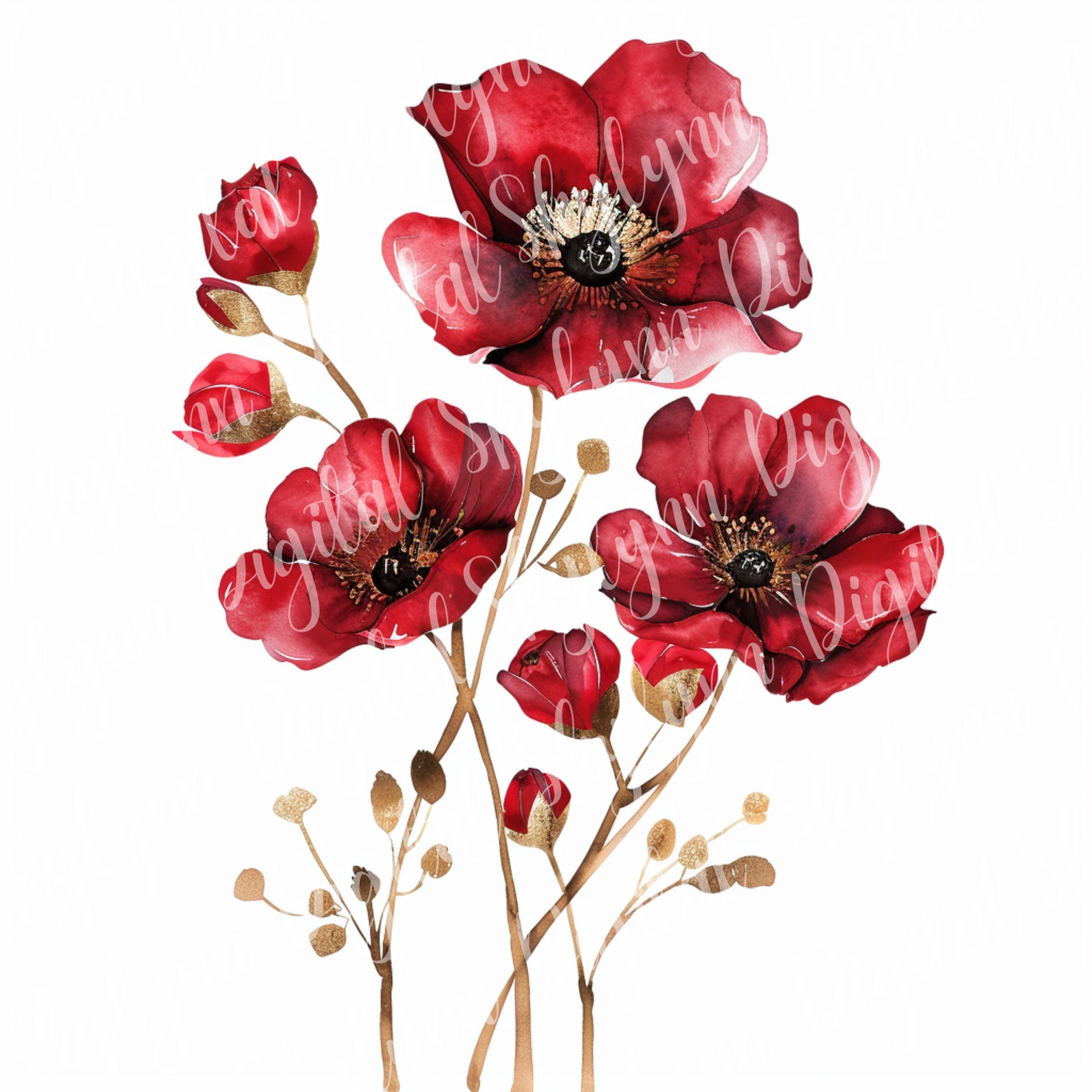 8 Red and Gold Watercolor Flowers Clipart, Printable, Perfect for or ...