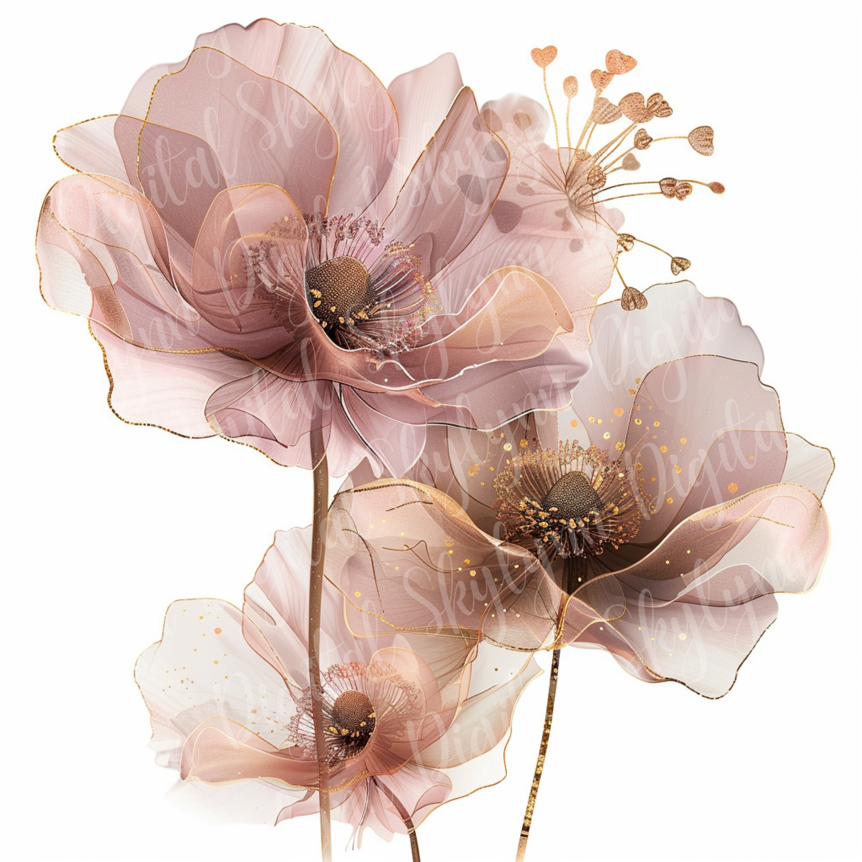 5 Pink and Gold Watercolor Flowers Clipart, Printable, Perfect for or ...