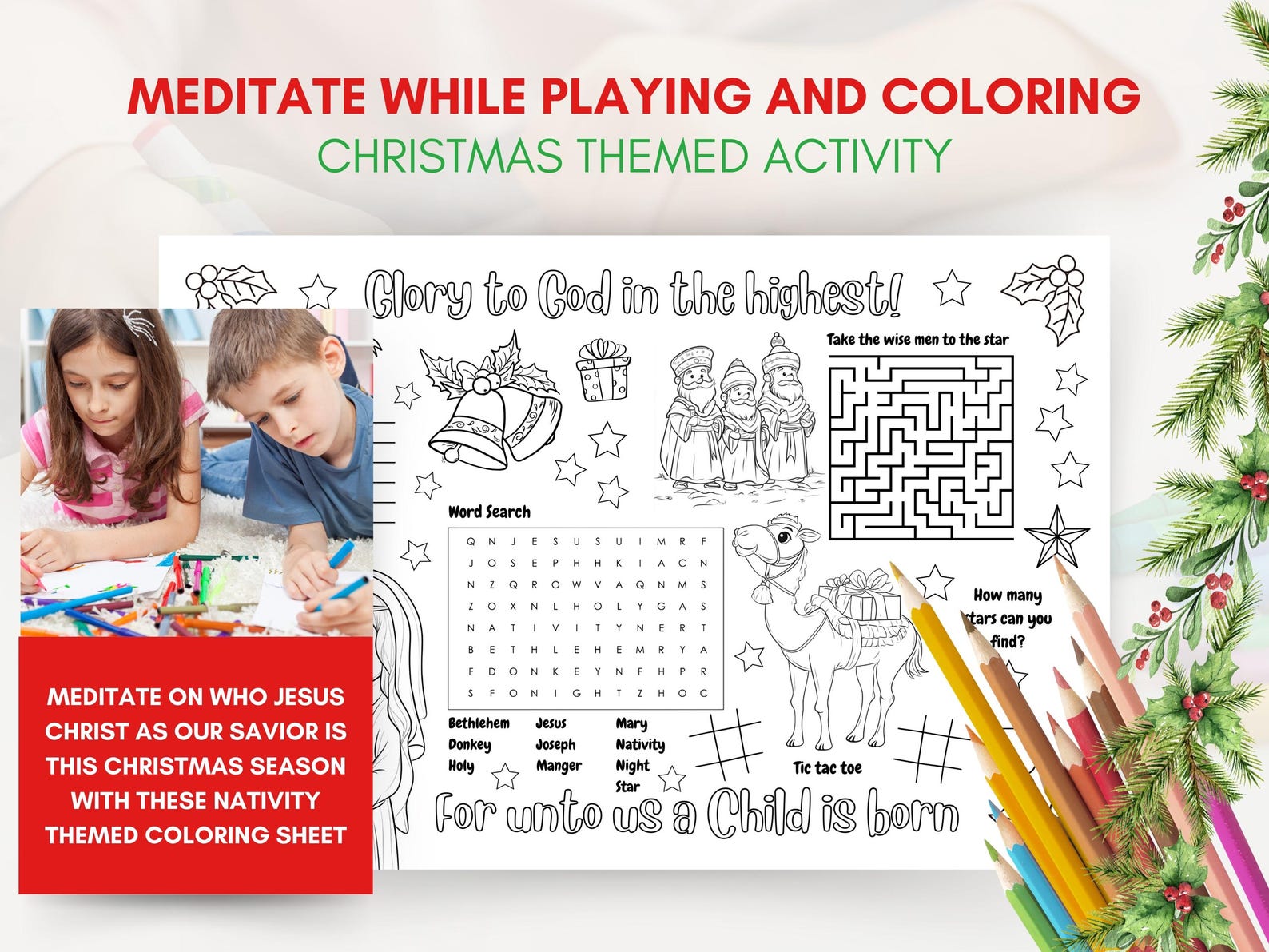 Printable Christmas Activity Placemat | Nativity Coloring Sheet for ...