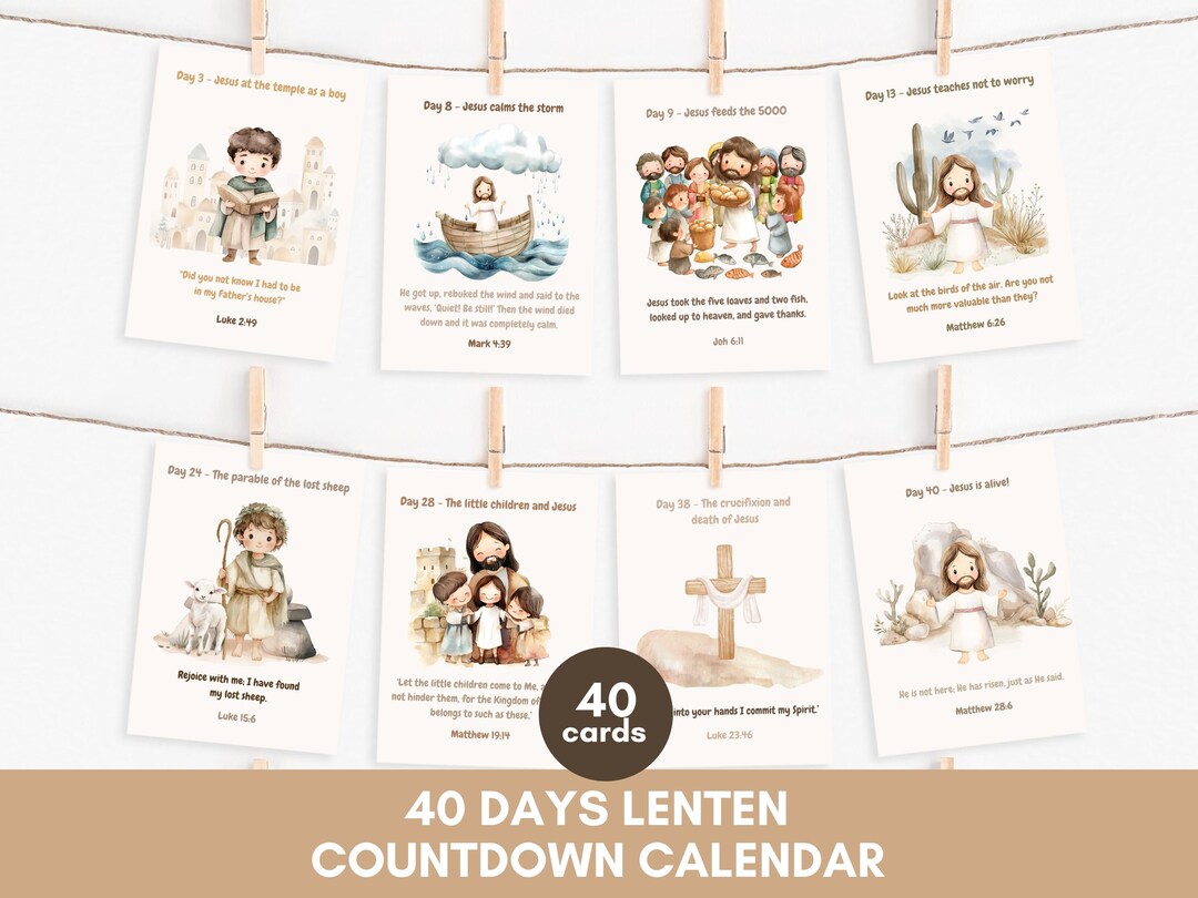 40 Days Lent Calendar for Kids | Bible Verse Easter Countdown Cards ...