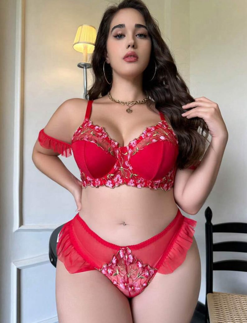 Plus Embroidered Lingerie Set Etsy