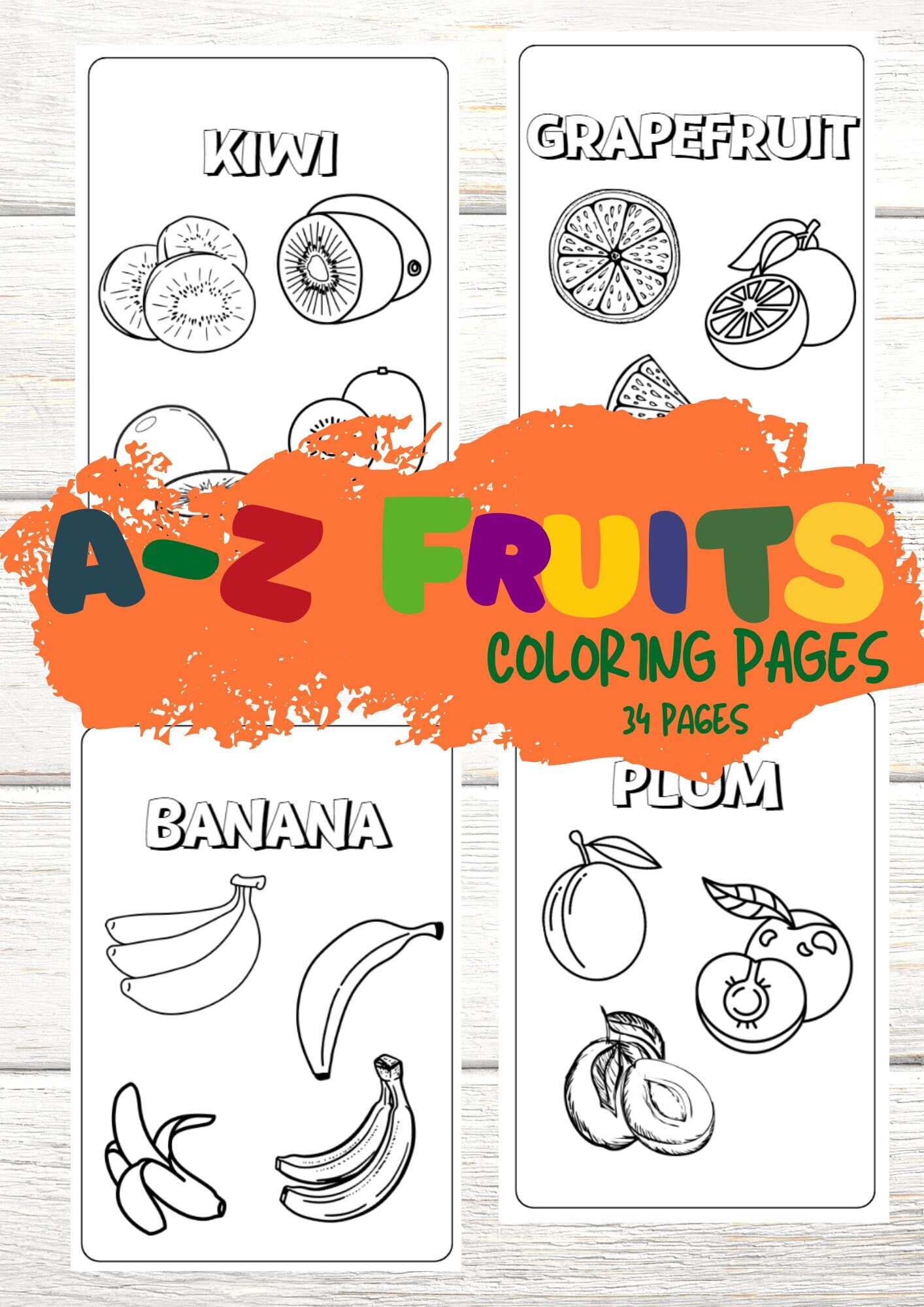 A-Z Fruits 34 Coloring Pages Digital Download for Kids, Toddlers ...