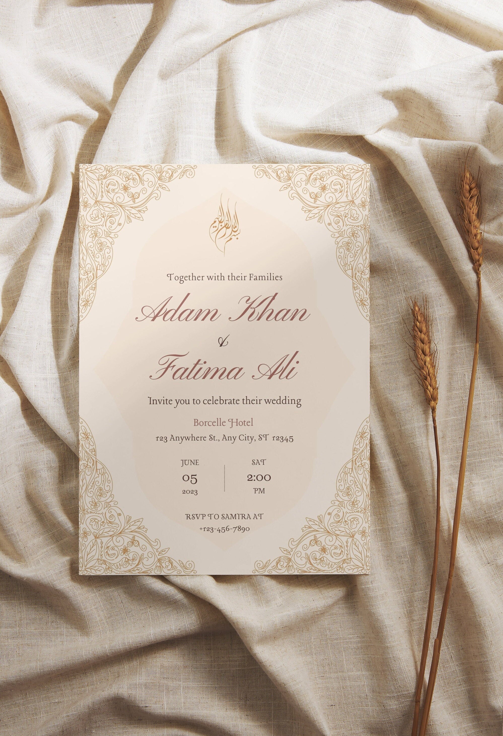 Editable Nikkah Wedding Invitation, Beige & Gold Wedding Invitation ...