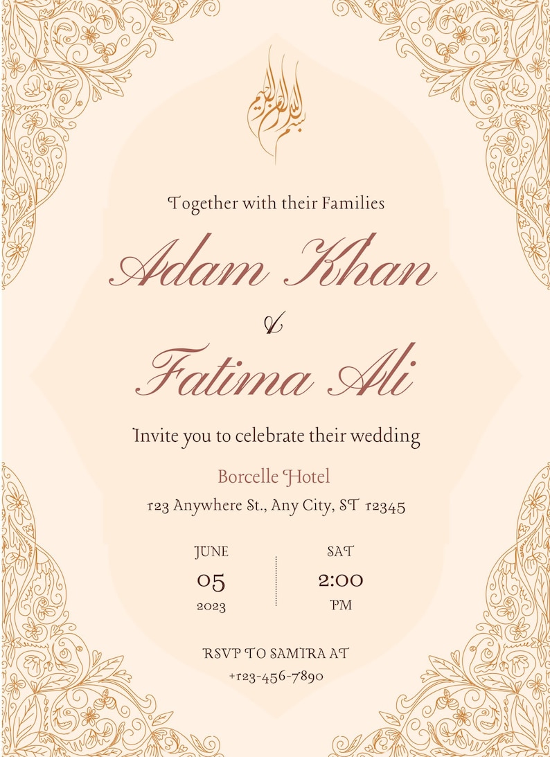Editable Nikkah Wedding Invitation, Beige & Gold Wedding Invitation ...
