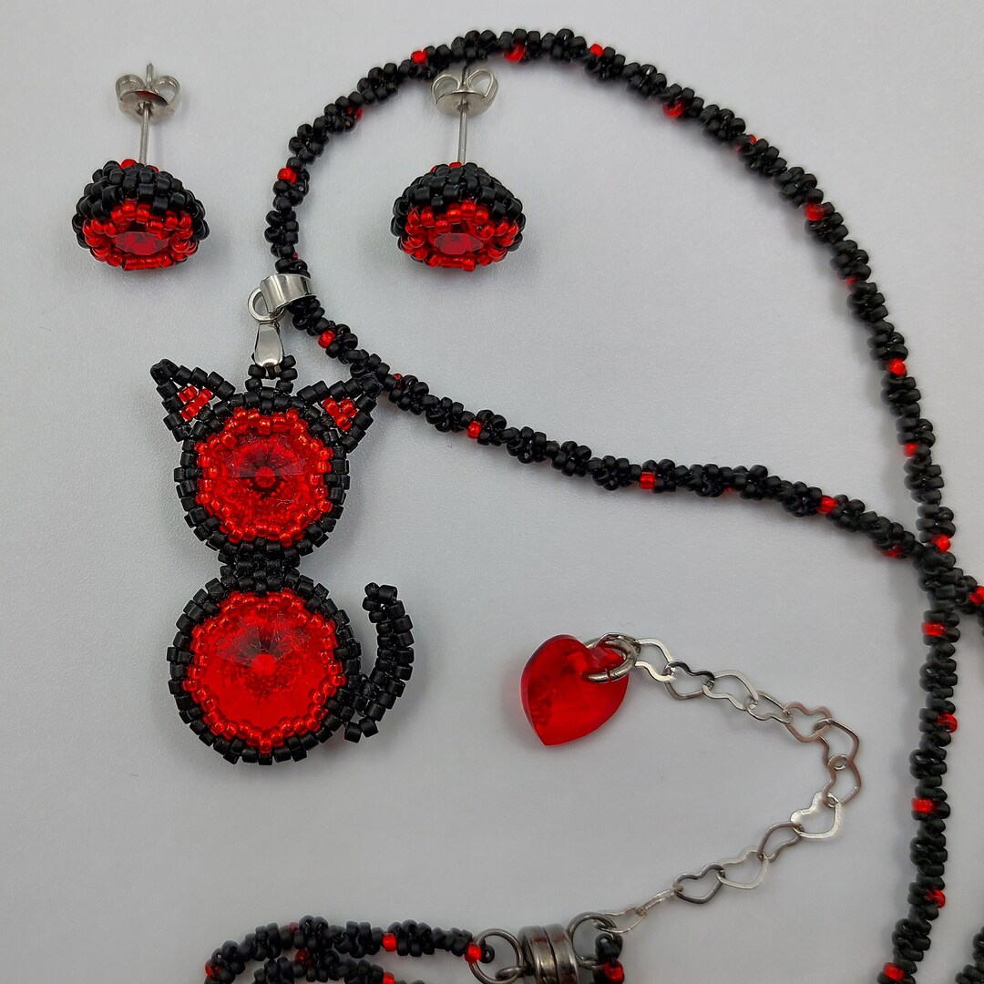 Beaded Black and Red Cat Jewelry Set Embellished With Crystals - Etsy