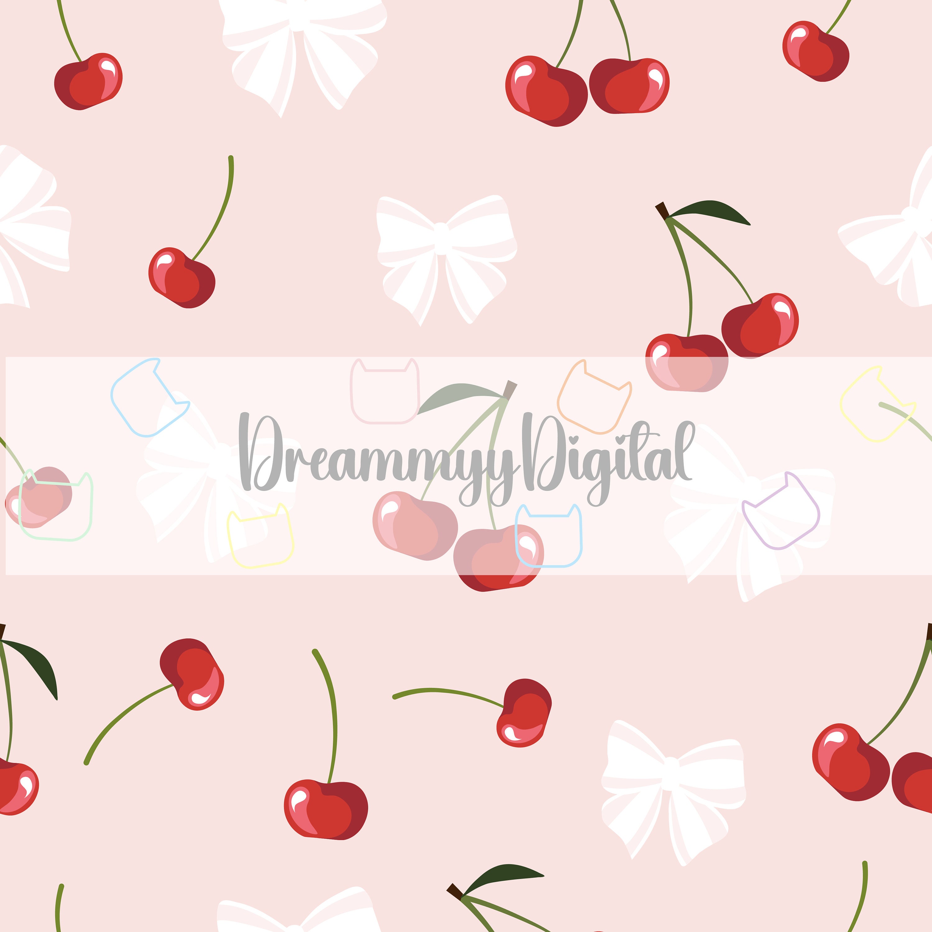 Cute Red Cherry & Transparent White Bow Seamless Repeat Pattern File ...