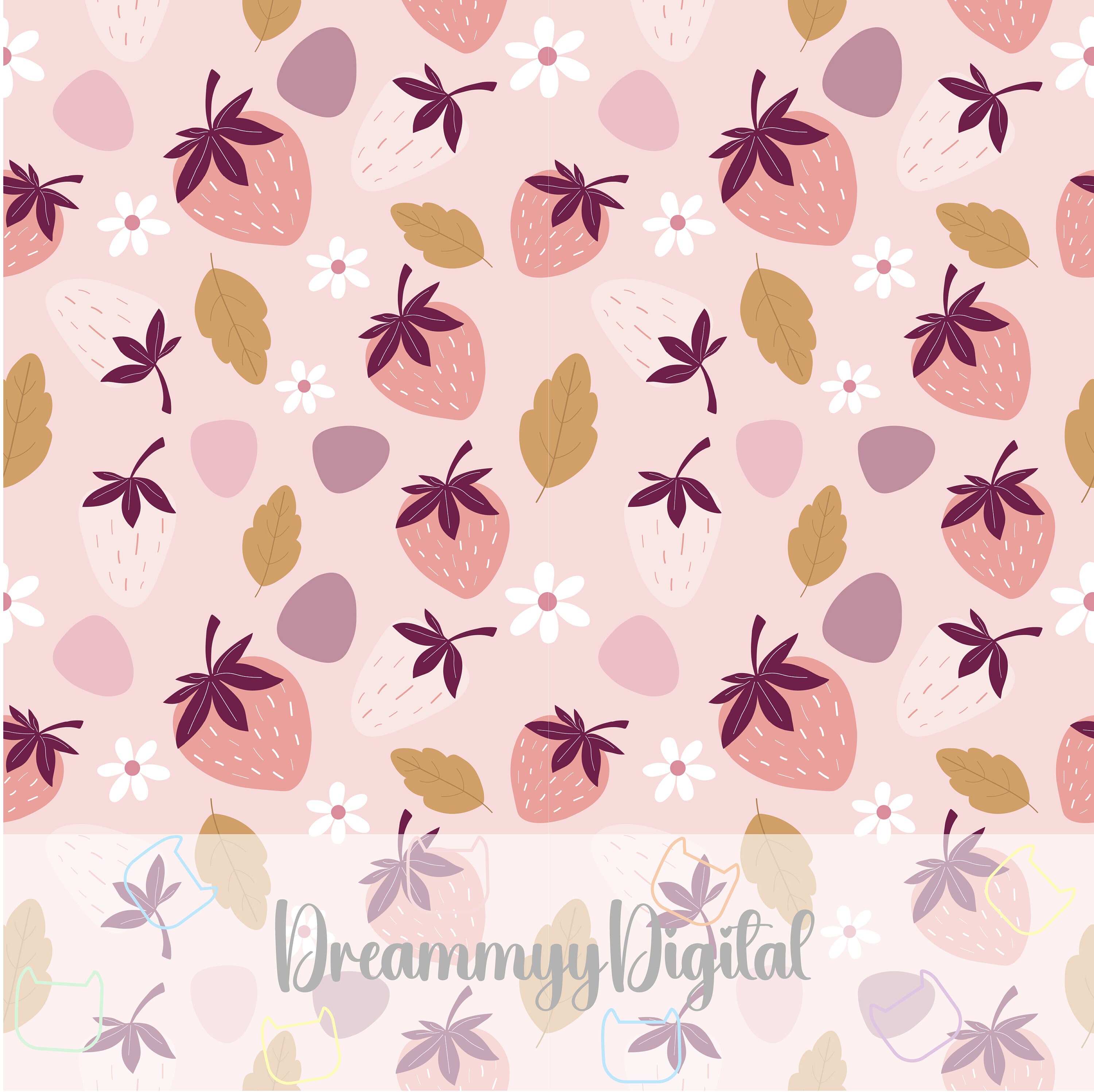 Pink Strawberries , White Flowers and Leaves Seamless Repeat Pattern ...