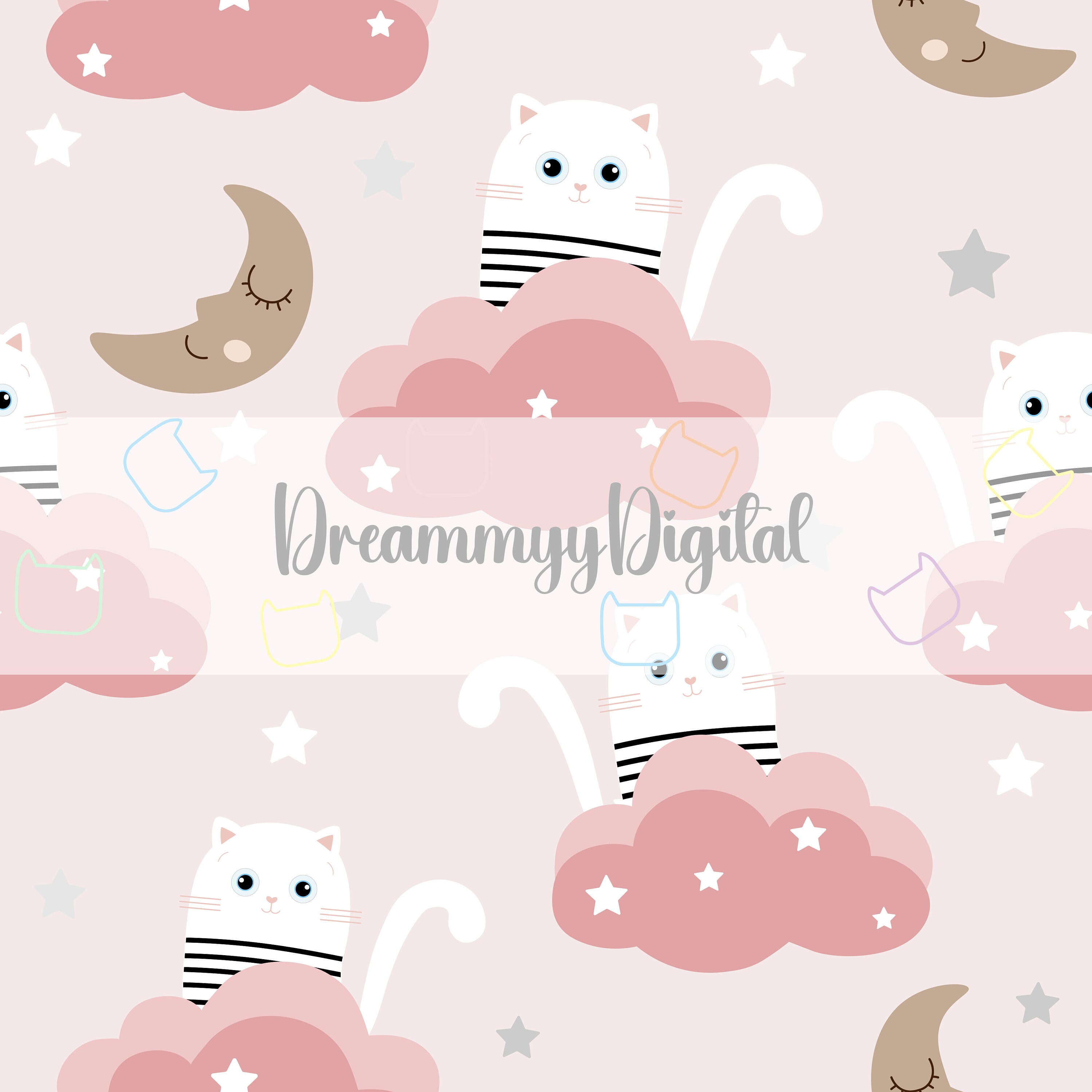 Cute Cat and Cloud , Star and Half Moon Seamless Repeat Pattern , File ...