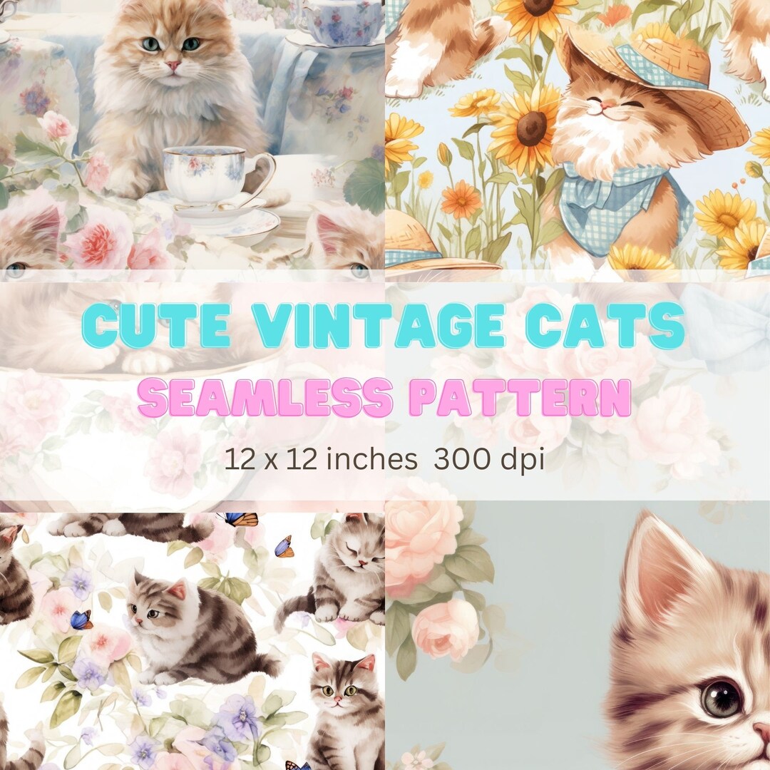 15 Cute Vintage Cats Seamless Repeat Pattern , File Seamless Pattern ...