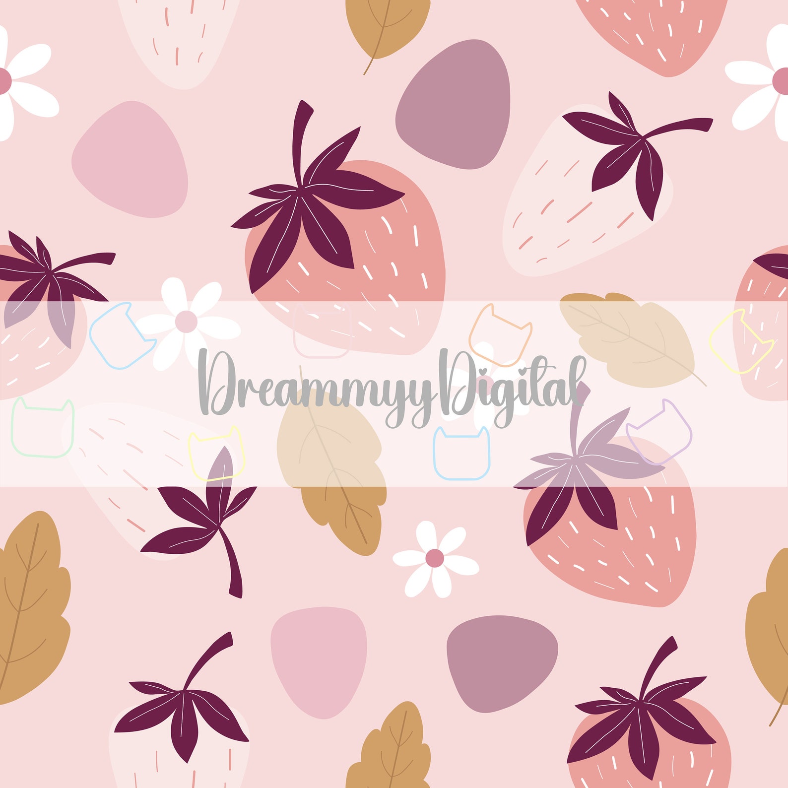 Pink Strawberries , White Flowers and Leaves Seamless Repeat Pattern ...