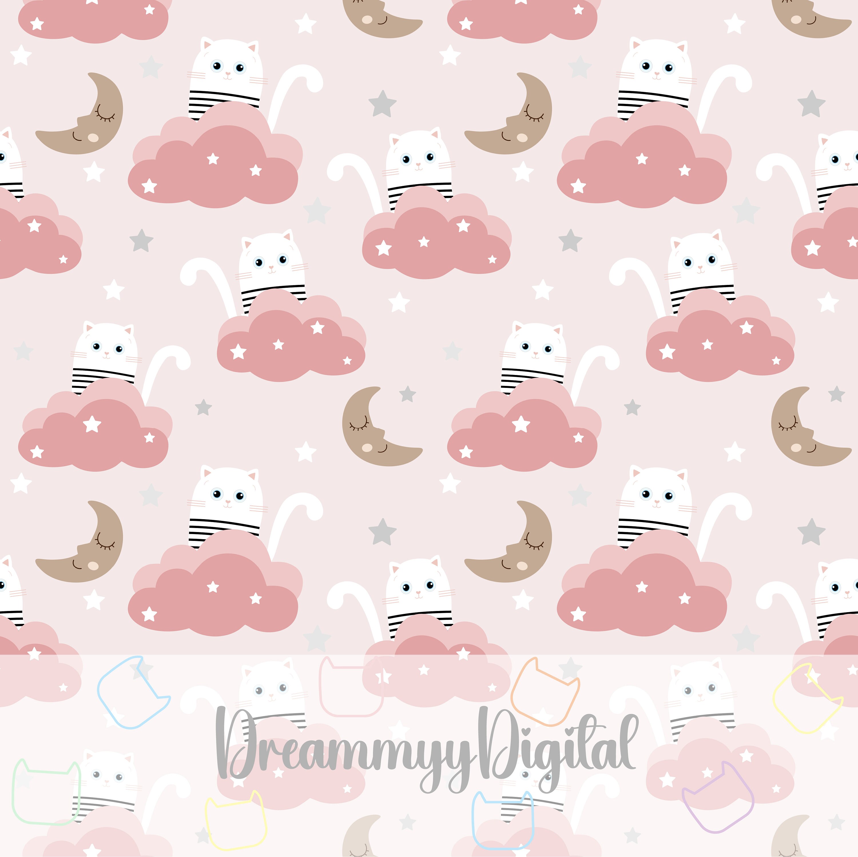 Cute Cat and Cloud , Star and Half Moon Seamless Repeat Pattern , File ...
