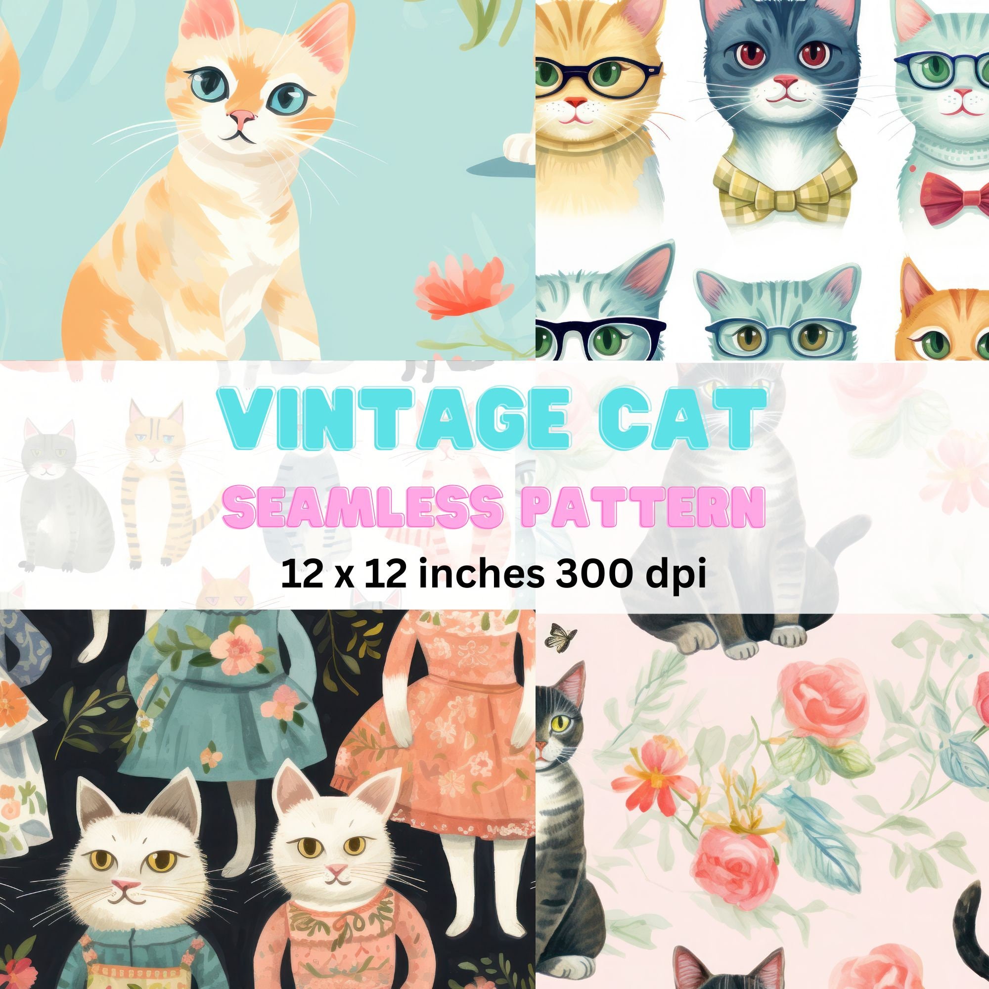 18 Vintage Cat Seamless Repeat Pattern , File Seamless Pattern for ...