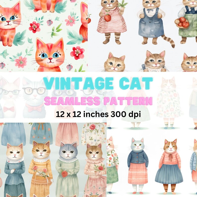 18 Vintage Cat Seamless Repeat Pattern , File Seamless Pattern for ...