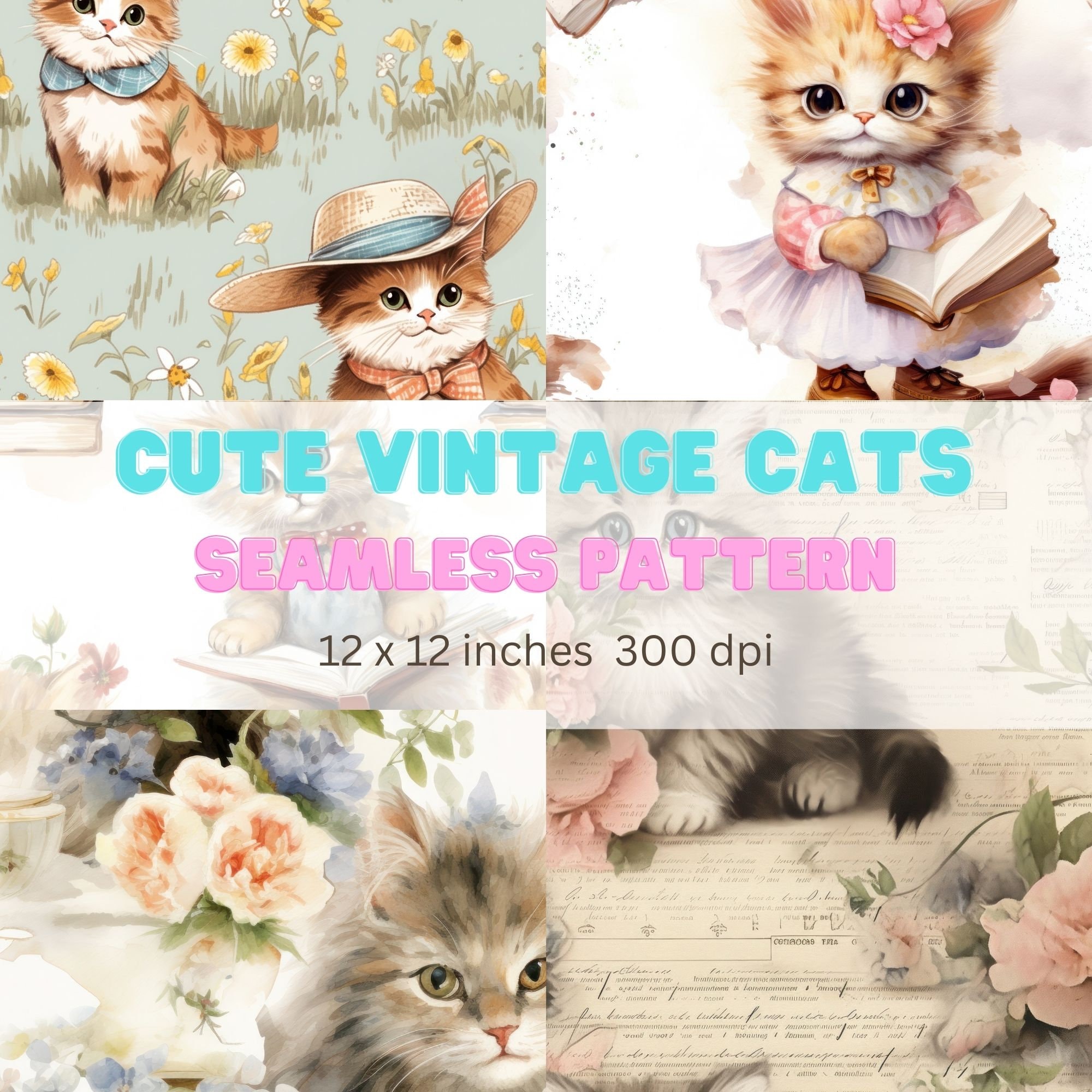 15 Cute Vintage Cats Seamless Repeat Pattern , File Seamless Pattern ...
