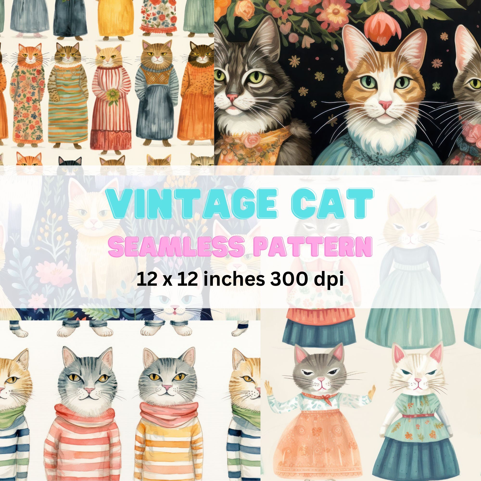 18 Vintage Cat Seamless Repeat Pattern , File Seamless Pattern for ...