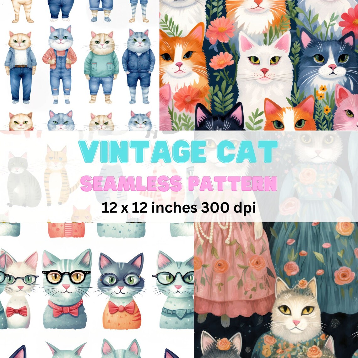 18 Vintage Cat Seamless Repeat Pattern , File Seamless Pattern for ...