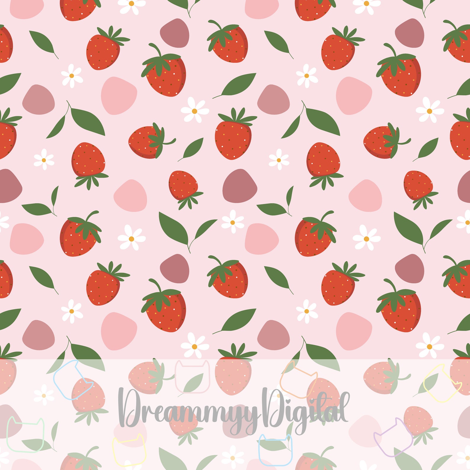 Red Strawberries , White Flowers and Leaves Seamless Repeat Pattern ...
