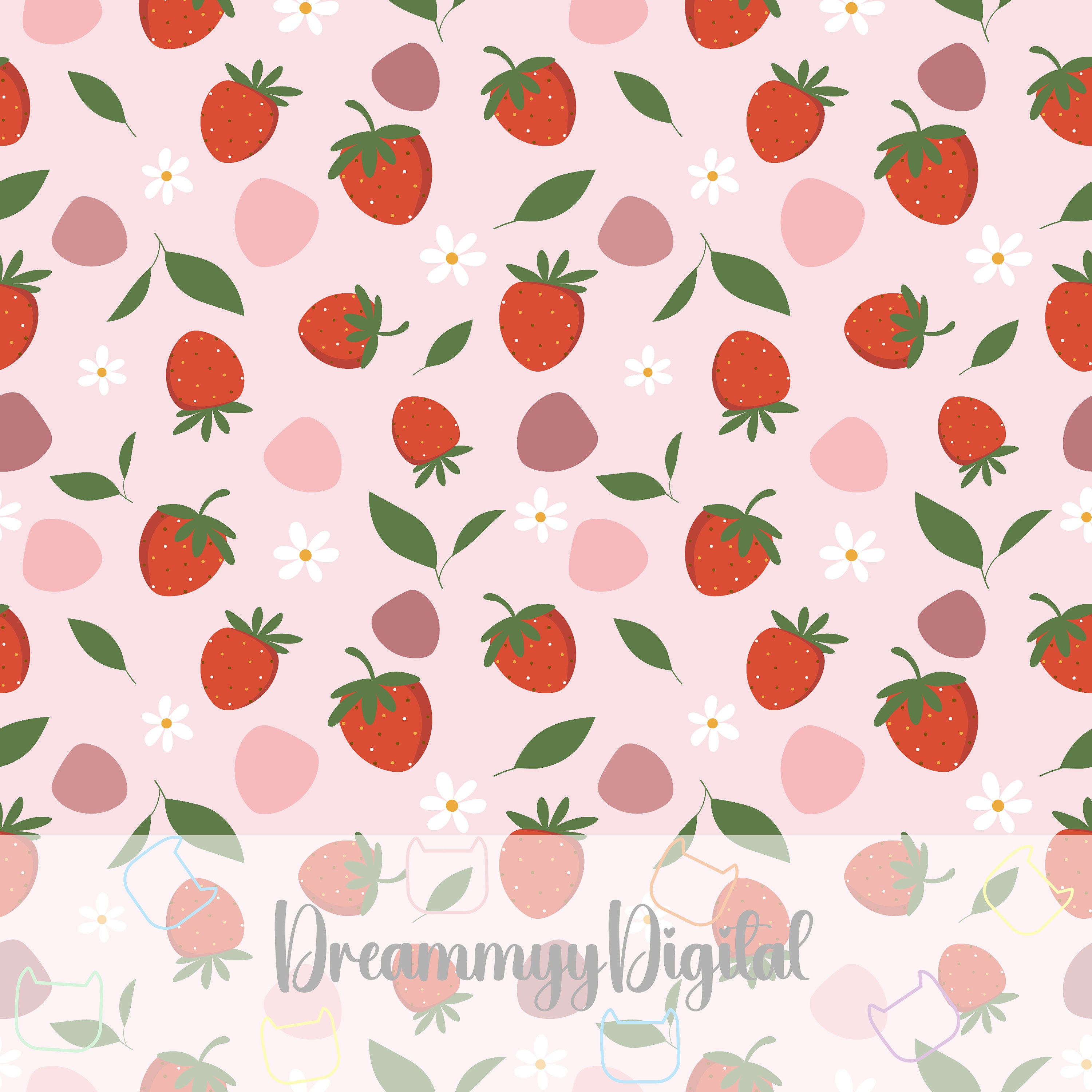 Red Strawberries , White Flowers and Leaves Seamless Repeat Pattern ...