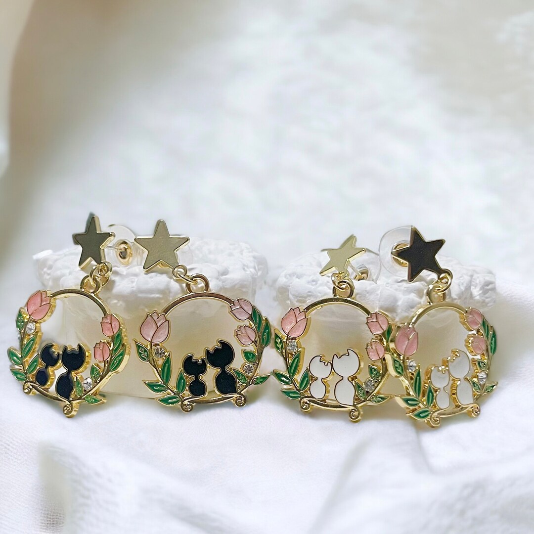 Cute Cat Earrings With Pink Tulip Flower Japanese Enamel - Etsy