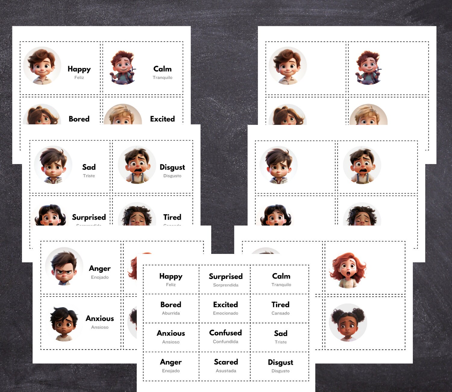 16 Emotion Cards in English and Spanish | Matching Emotions Activity ...