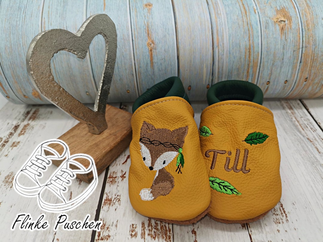 Crawling Shoes With Name - Baby Shoes With Fox - Leather Slippers for ...