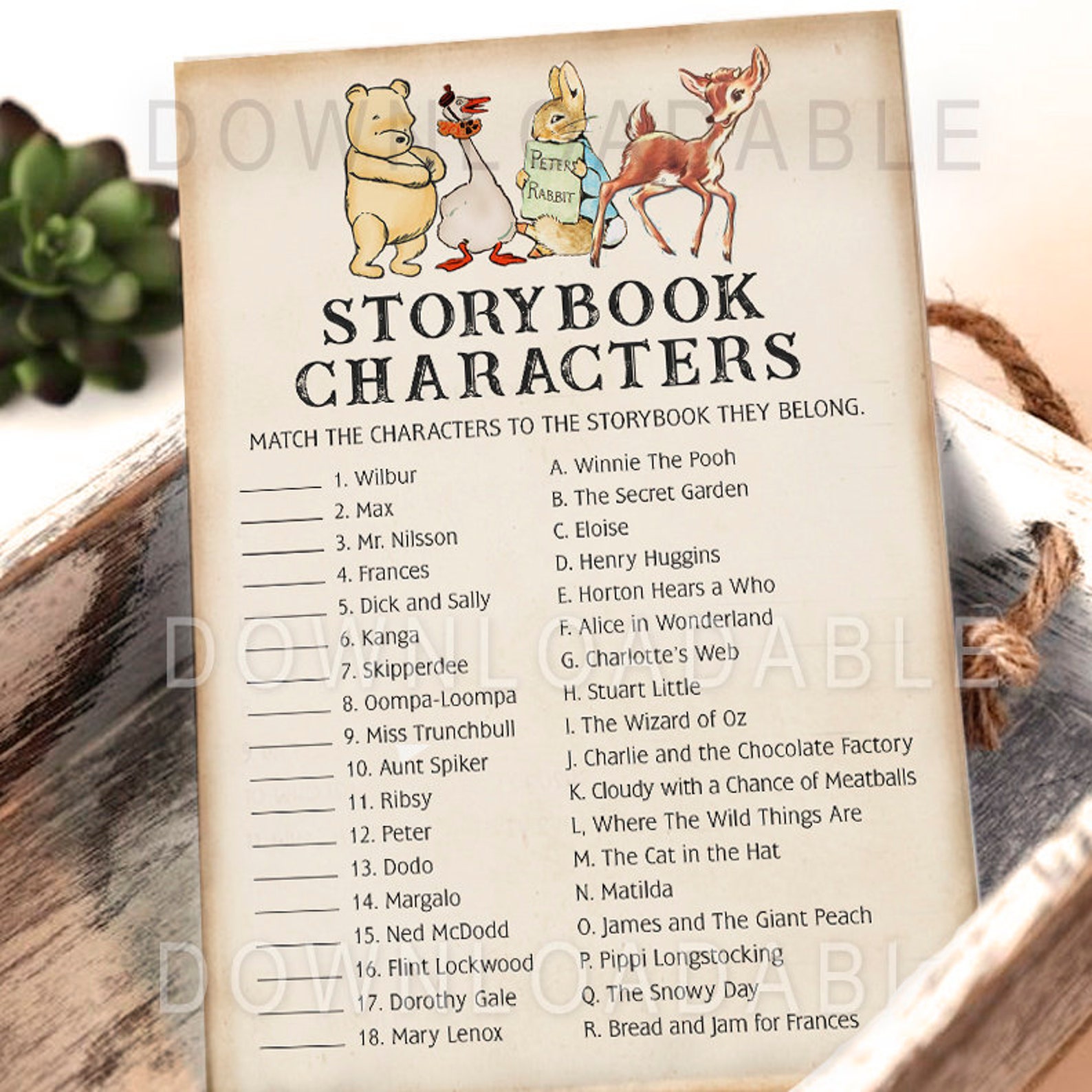 Downloadable 5x7 — Book Character Match Game With Answer Key—uneditable ...