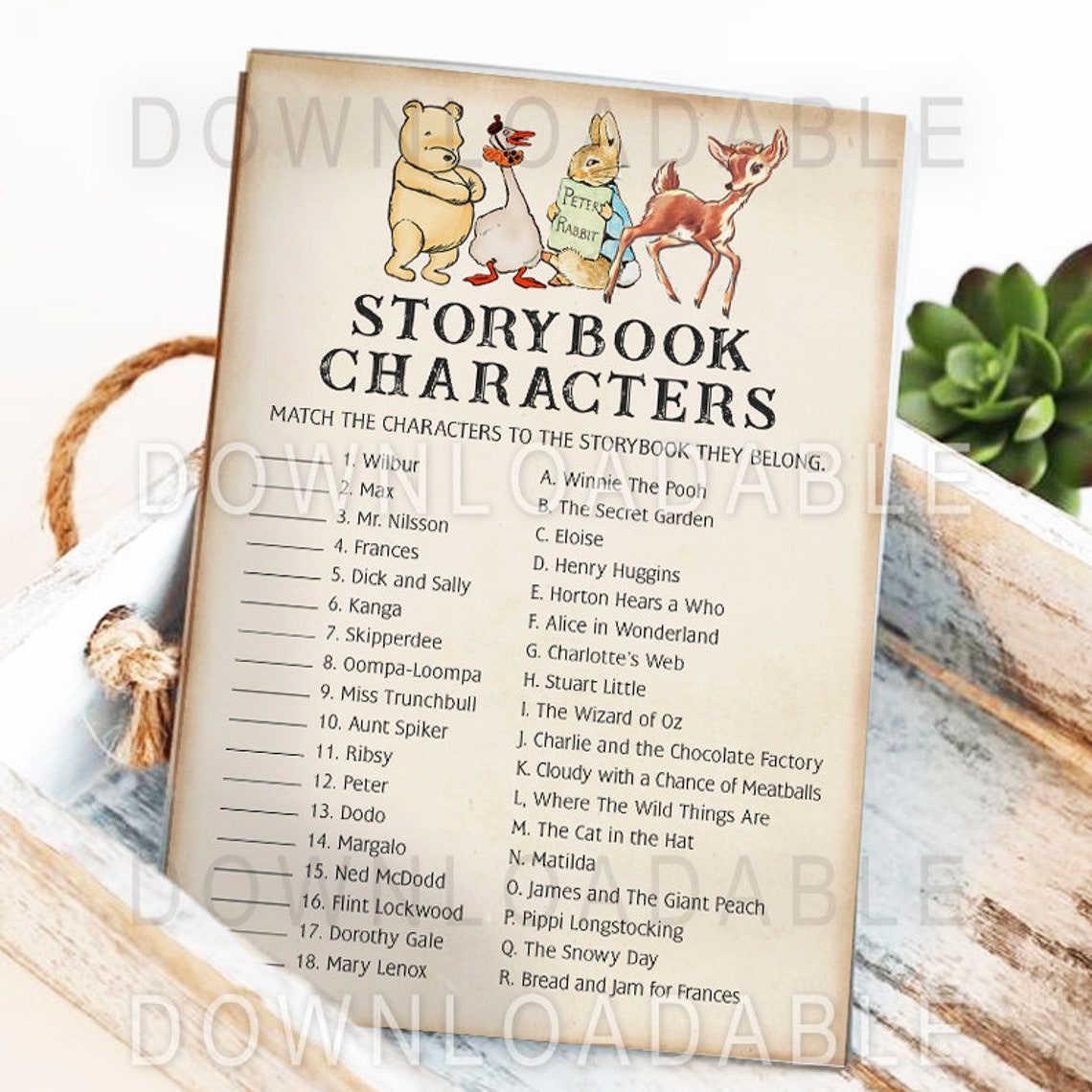 Downloadable 5x7 — Book Character Match Game With Answer Key—uneditable ...