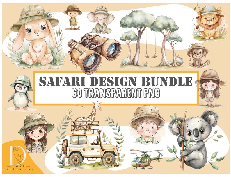 Jungle Adventure Clipart Bundle, Cute Safari Png, Watercolor Animals ...