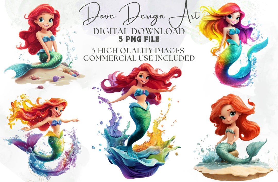Little Cute Mermaid Splash and Watercolor Digital Design PNG File for ...