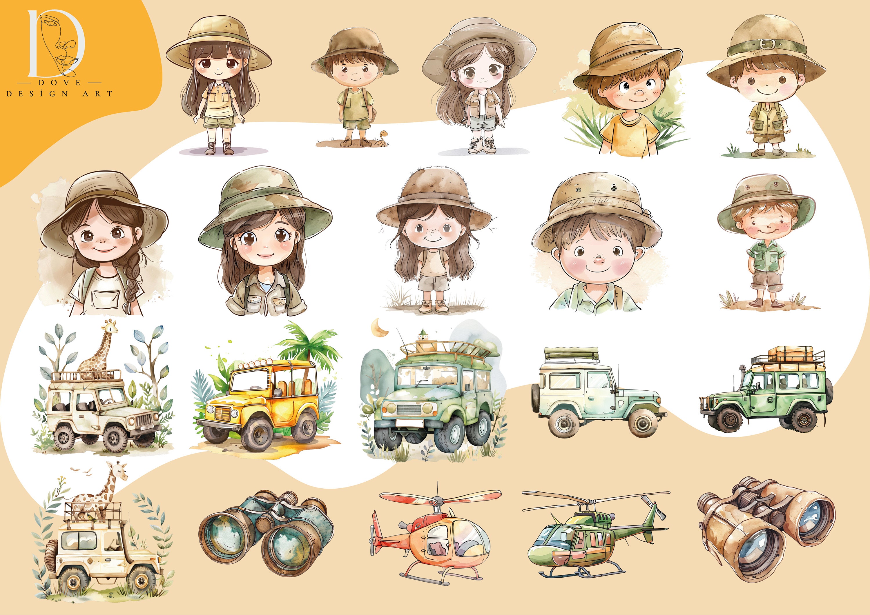 Jungle Adventure Clipart Bundle, Cute Safari Png, Watercolor Animals ...