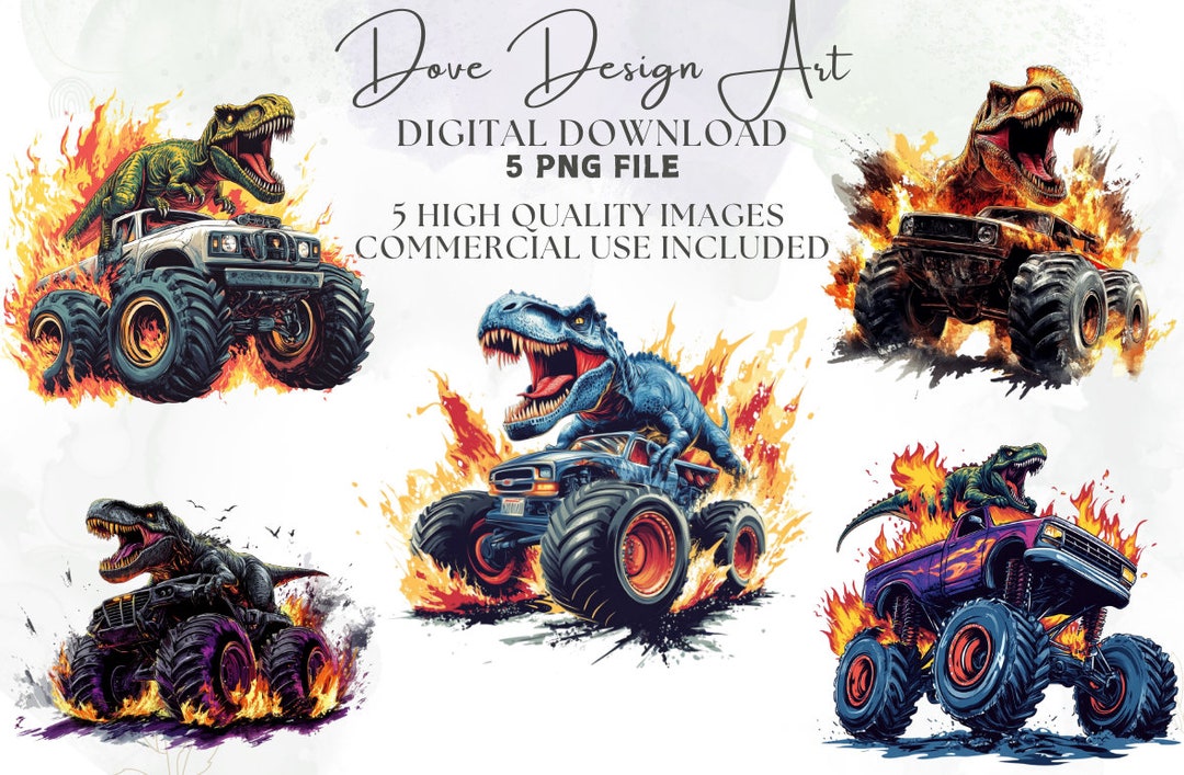 T-rex Dinosaur Monster Truck Splash and Watercolor Digital Design PNG ...