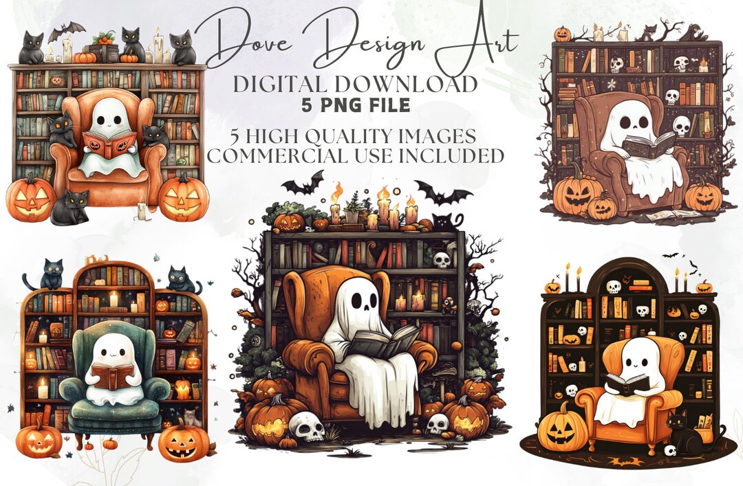 Ghost Reading Book PNG, Halloween Bookshelf PNG, Ghostly Bookish, Black ...