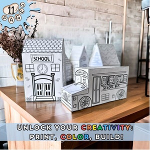 Printable 3D Coloring & Crafting Kit: Paper Toy Houses, School and ...