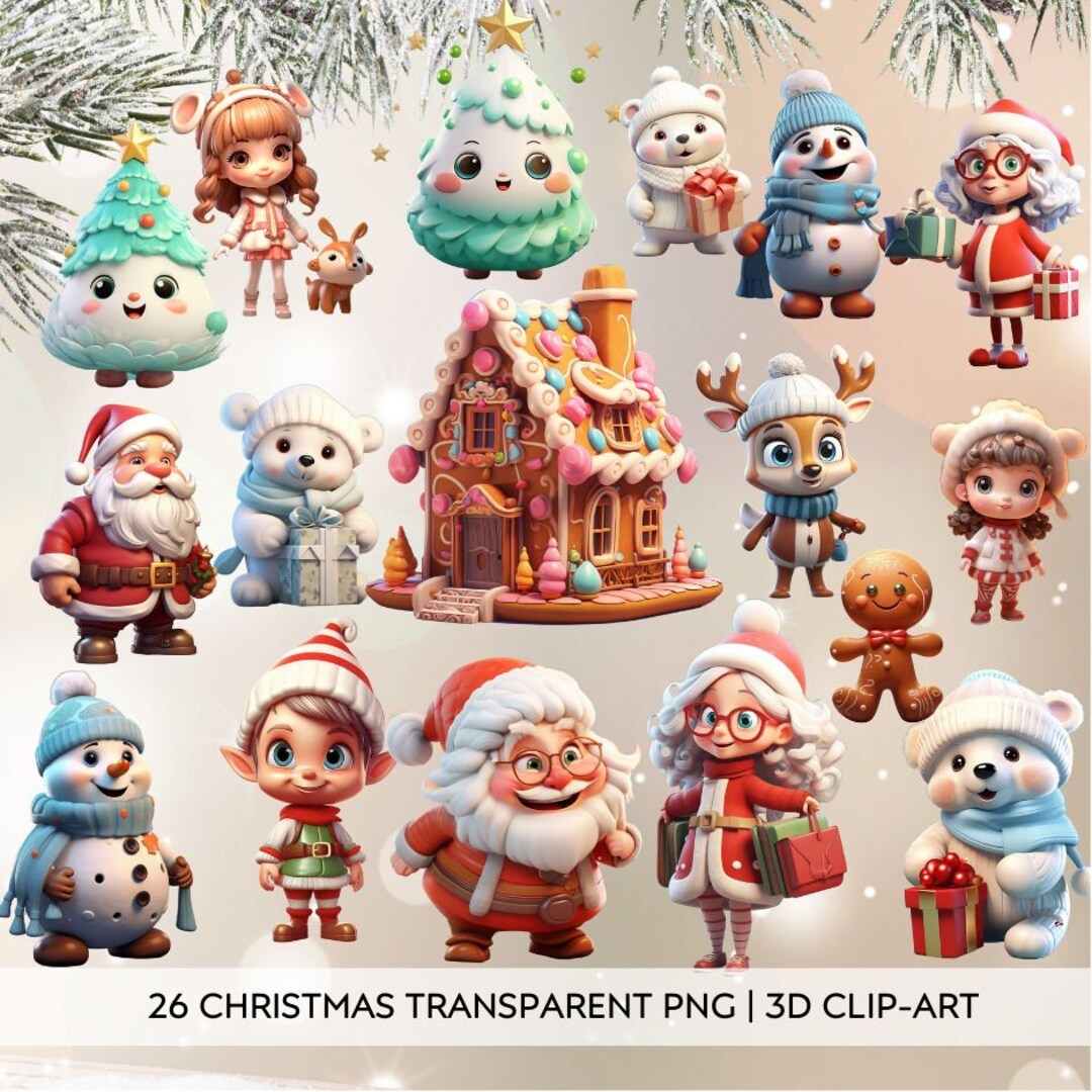 Cute Christmas Characters Clipart, Set of 26 3D Transparent PNG, Santa ...
