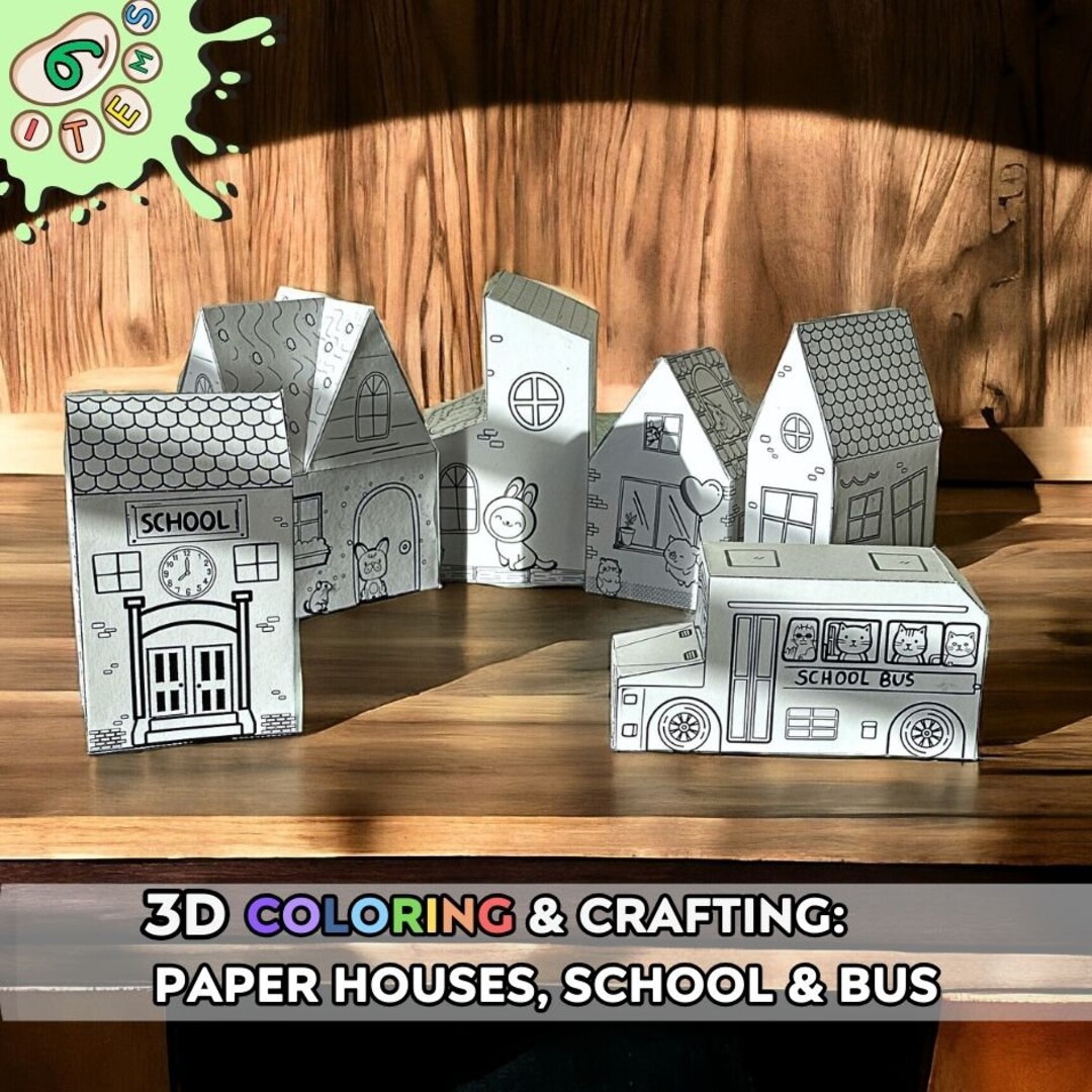 Printable 3D Coloring & Crafting Kit: Paper Toy Houses, School and ...