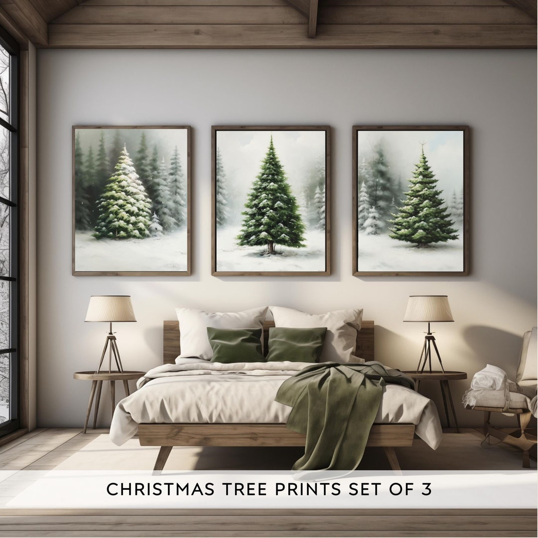Christmas Tree Prints Set of 3 Evergreen Trees Christmas Decor Snowy ...