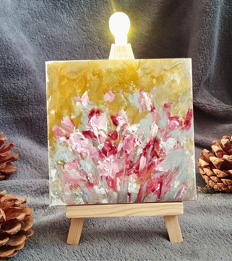 Pintura abstrata de íris Oregon 4x4 Mini arte a óleo, floral rosa em ...