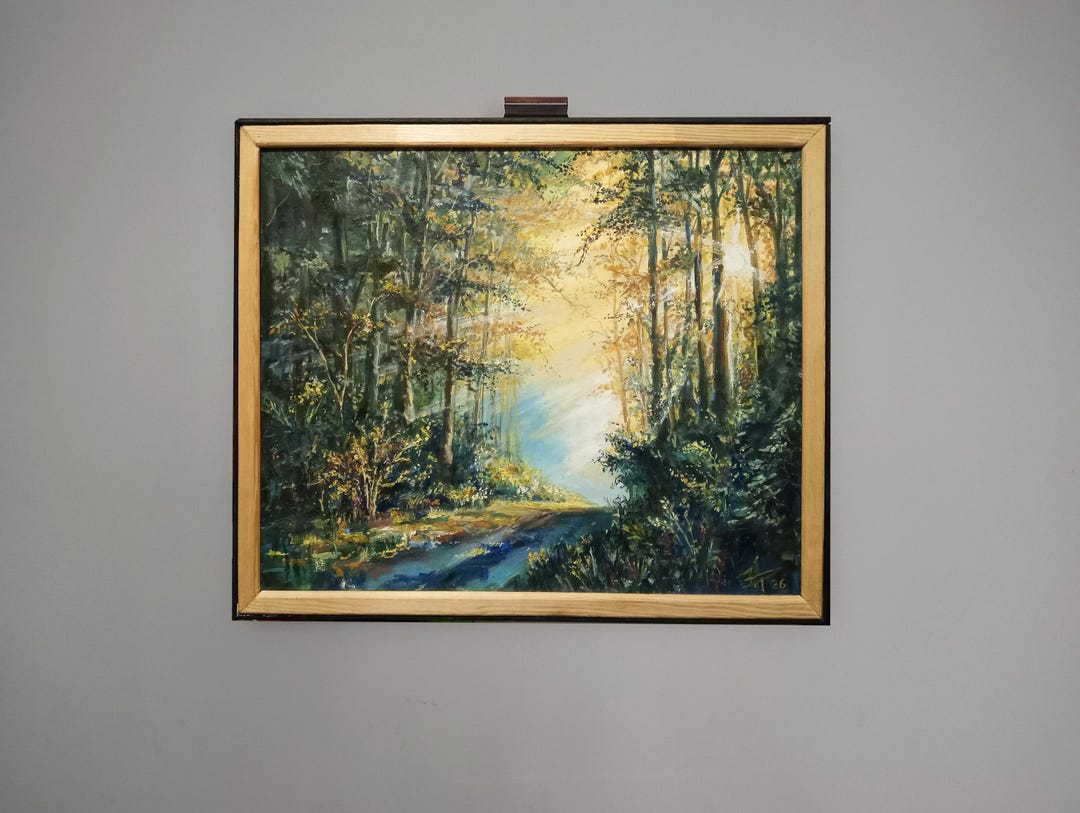 Sunlit Forest Oil Painting – Large Framed Tree Landscape Wall Art ...