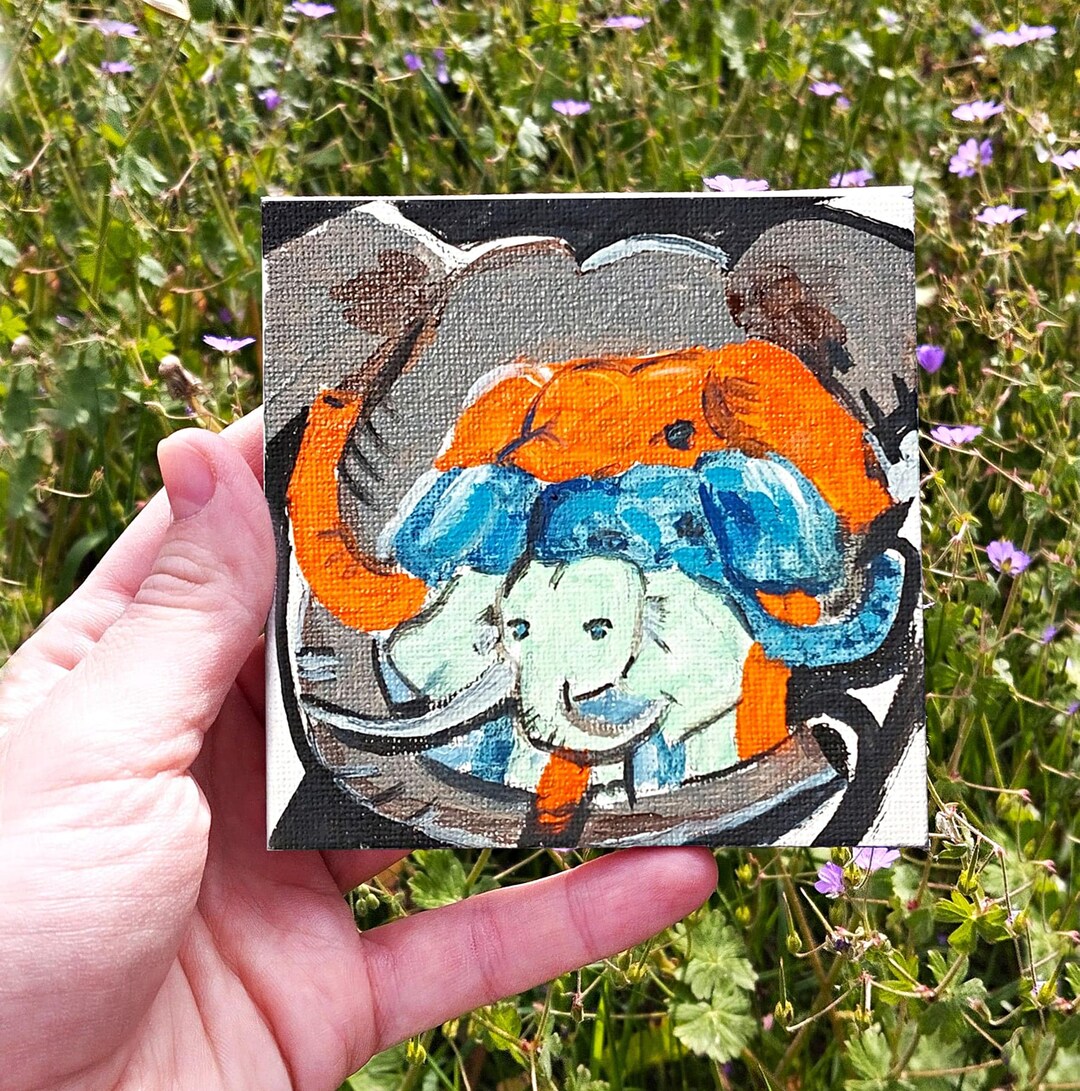 Elephant Miniature Oil Painting 4x4 Canvas, Hugging Elephants Animal ...