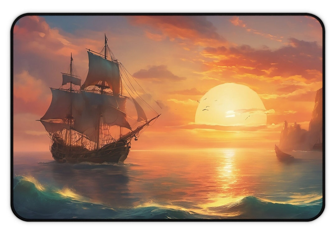 Pirate Ship Desk Mat, Pirate Ship at Sunset, Gaming Pad, Pacific Ocean ...