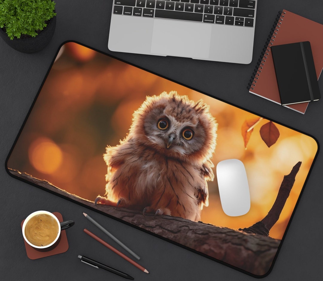 Baby Owl Desk Mat – Cute Owl on Tree Branch, Anti-slip Gaming Pad With ...