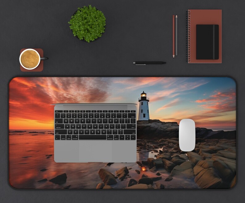 Lighthouse Sunset Desk Mat, Ocean Scenery With Vibrant Clouds Reflected ...