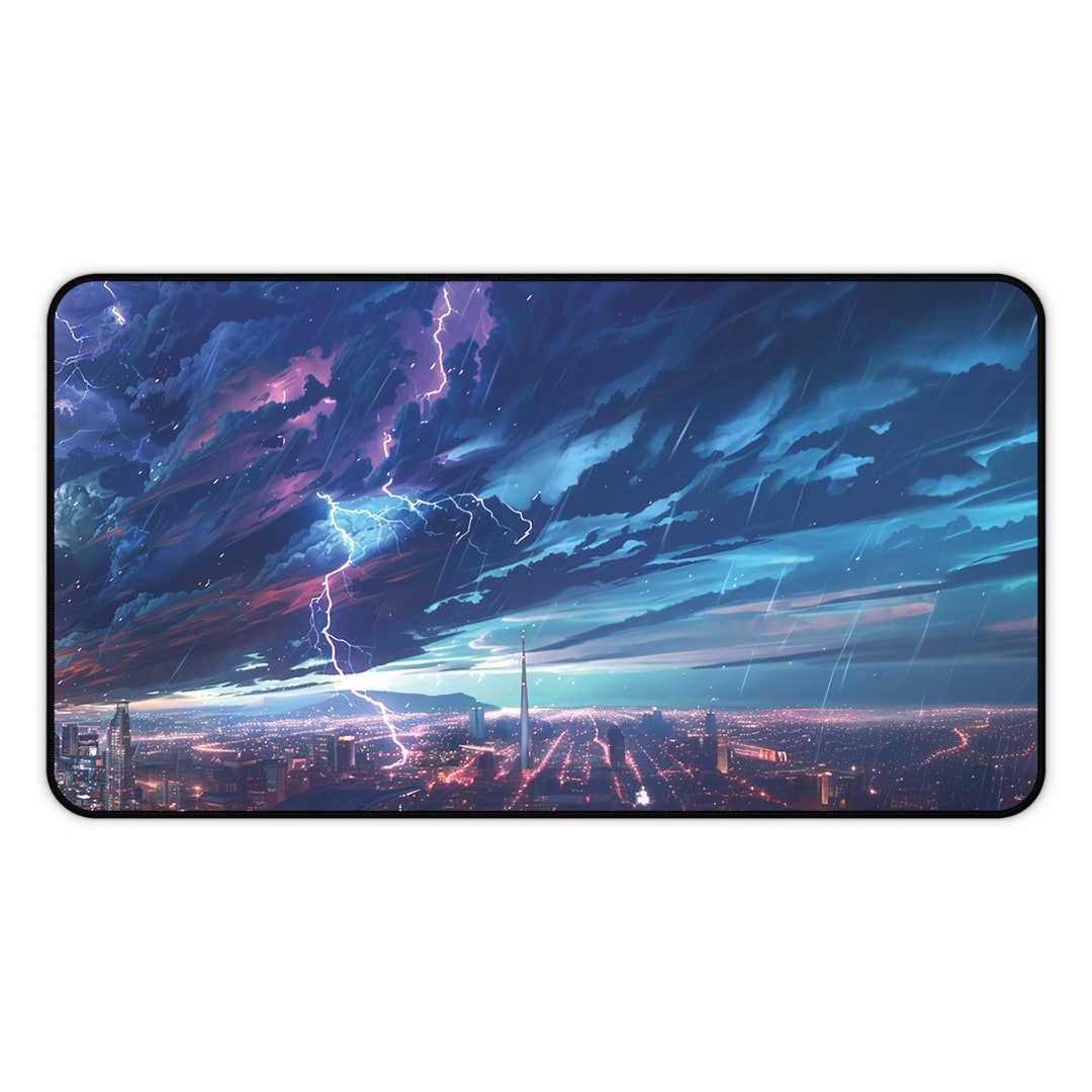 Thunderstorm Desk Mat, Severe Weather Over City, Torrential Rain ...