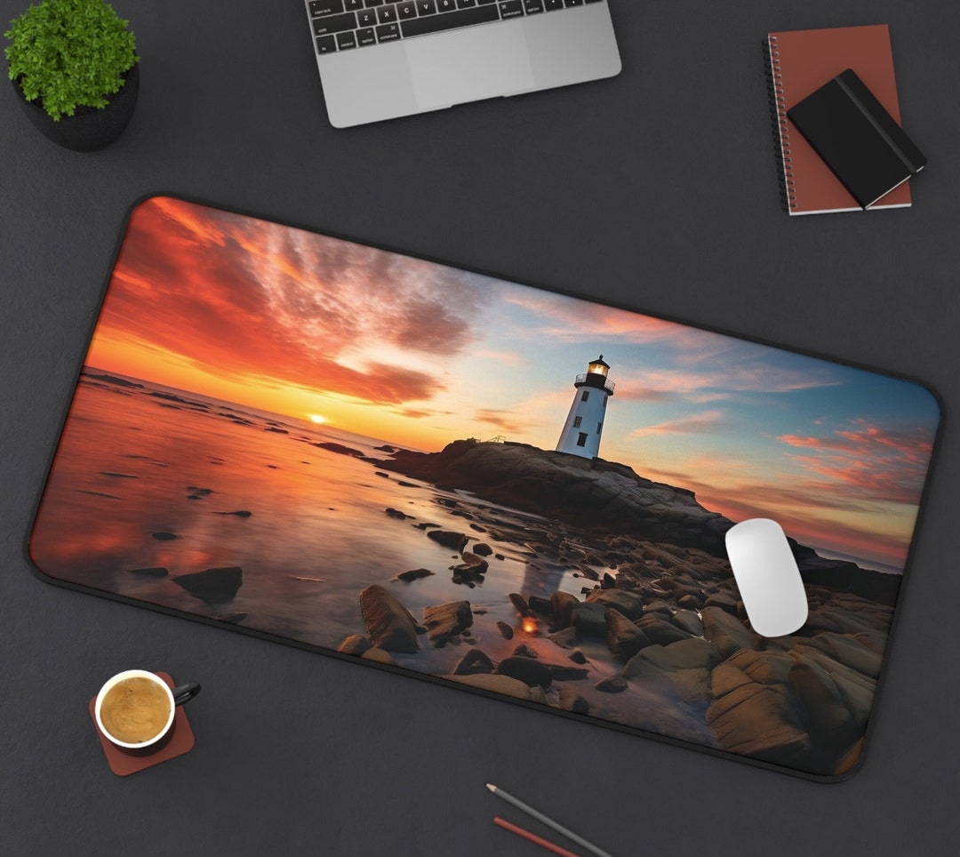 Lighthouse Desk Mat, Ocean Sunset Scenery, Vibrant Sky Reflections on ...