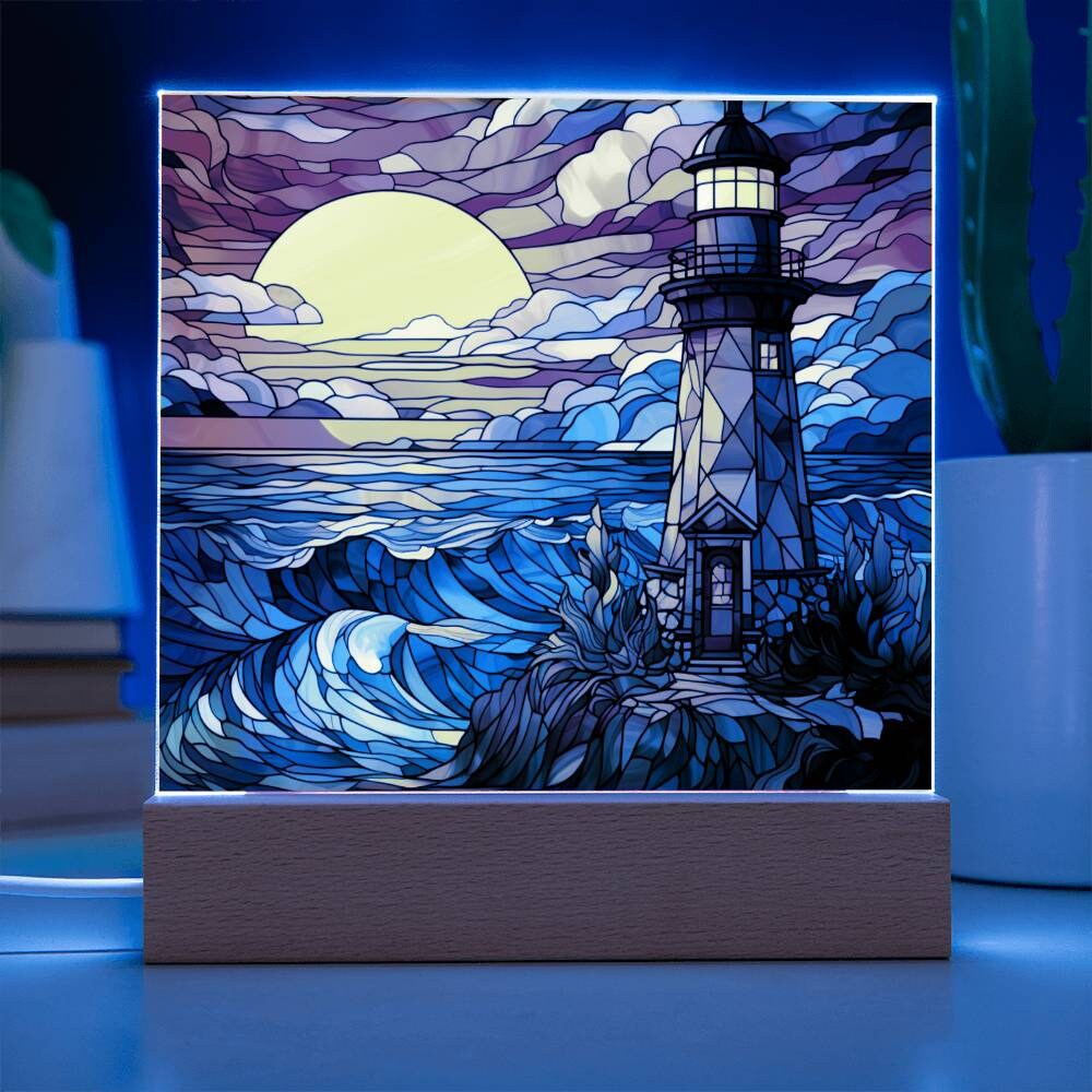 Lighthouse in the Ocean Faux Stained Glass, Lighthouse Stained Glass ...