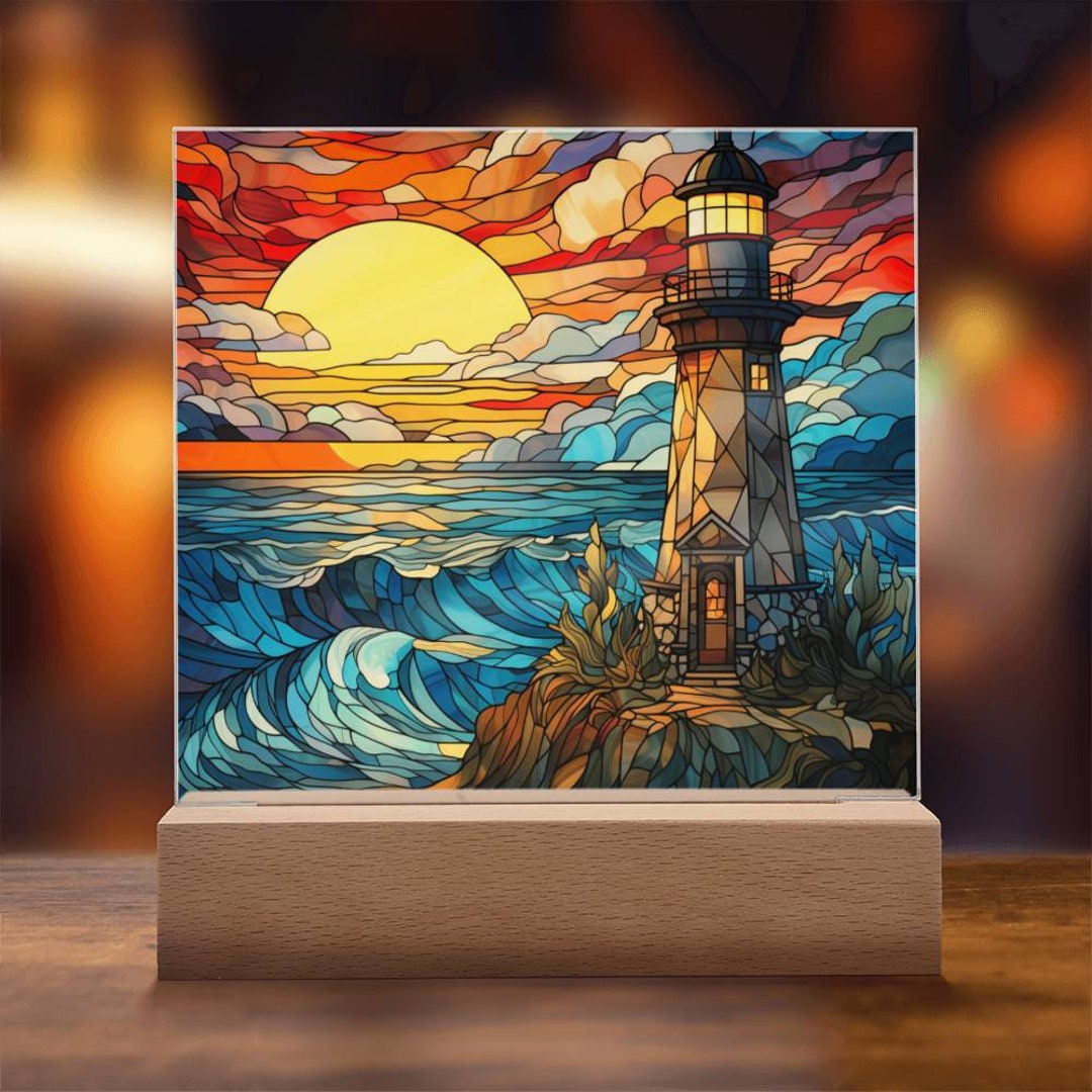 Lighthouse in the Ocean Faux Stained Glass, Lighthouse Stained Glass ...