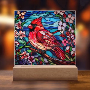 Red Cardinal Stained Glass Acrylic Night Lamp, Cardinal Stained Glass ...