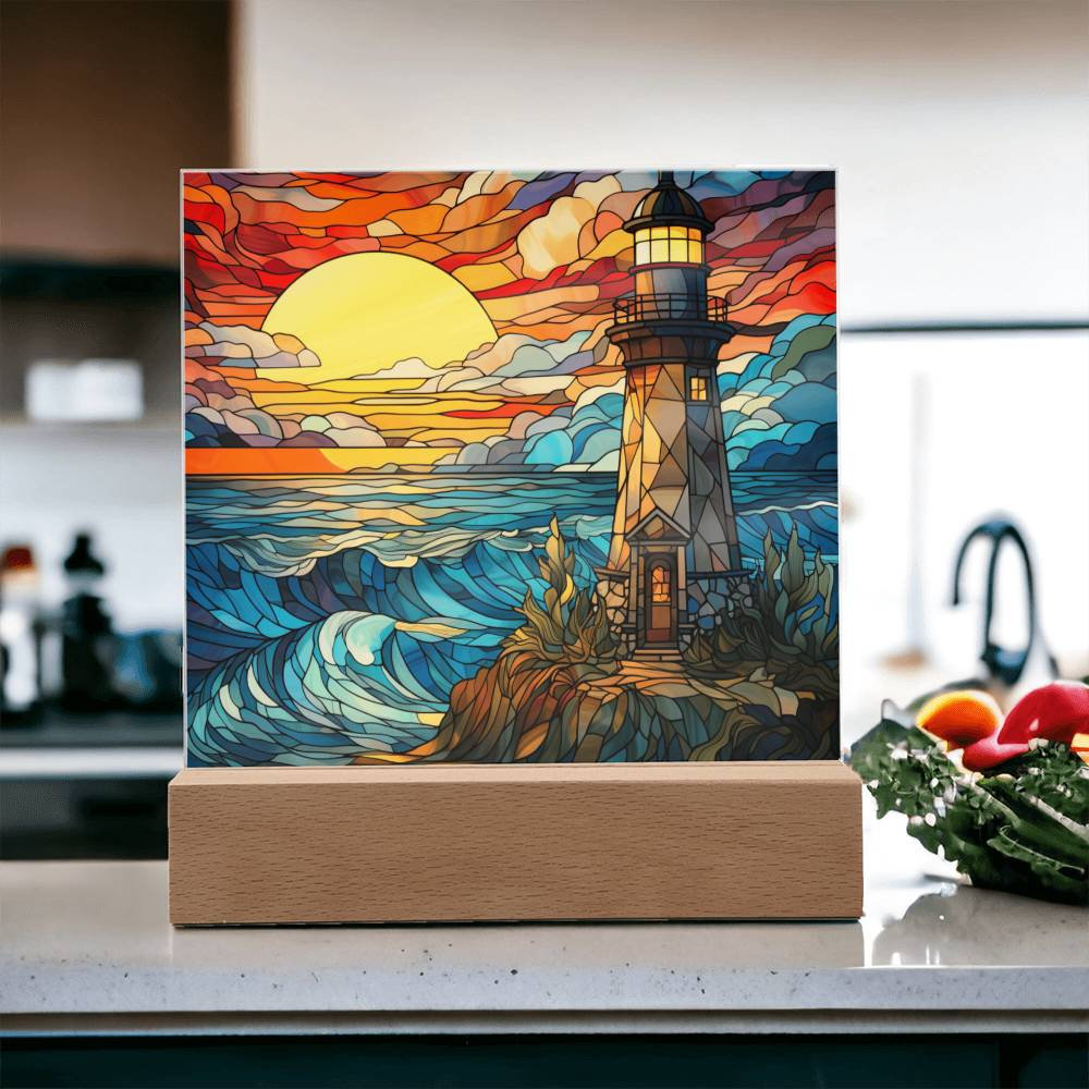 Lighthouse in the Ocean Faux Stained Glass, Lighthouse Stained Glass ...