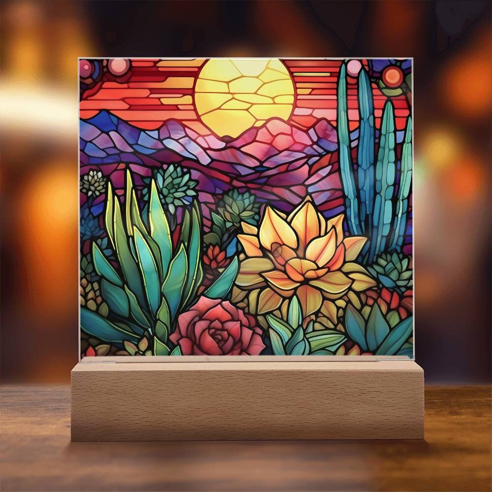 Desert Stained Glass Acrylic Plaque, Desert Sunset Decor, Desert Cactus ...